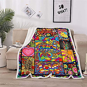 Juirnost Gift For Hippie Style Peace Love Flower Hippie Throw Blankets 70s Peace Sign Blanket Retro Hippy Stoner Groovy Blanket Hippy Gifts for Couch Bed Sofa Soft Cozy Fleece Plush Reversible Blanket