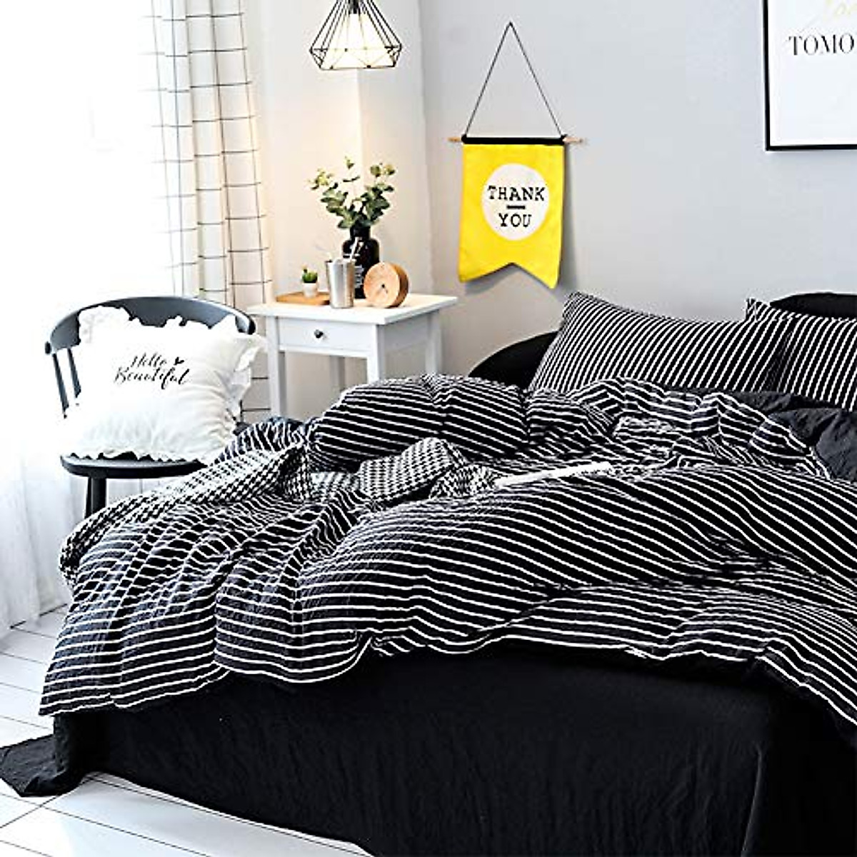 LAMEJOR Duvet Cover Sets Queen Size Striped Pattern Reversible Luxury Soft Bedding Set Comforter Cover (1 Duvet Cover+2 Pillowcases) Black/White
