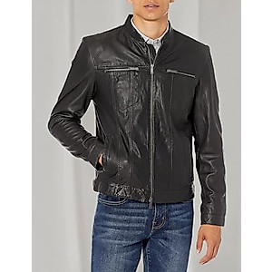 John Varvatos Star USA Men's Band Collar Leather Jacket, Black, X-Large