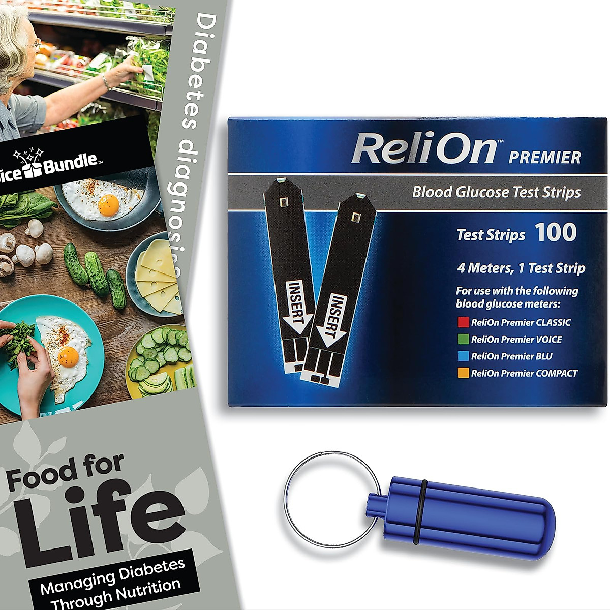 ReliOn Reli On Premier Blood Glucose Test Strips 100 Ct Choice Bundle | Includes Food for Life Guide & Portable Pill Container (3 Items)!