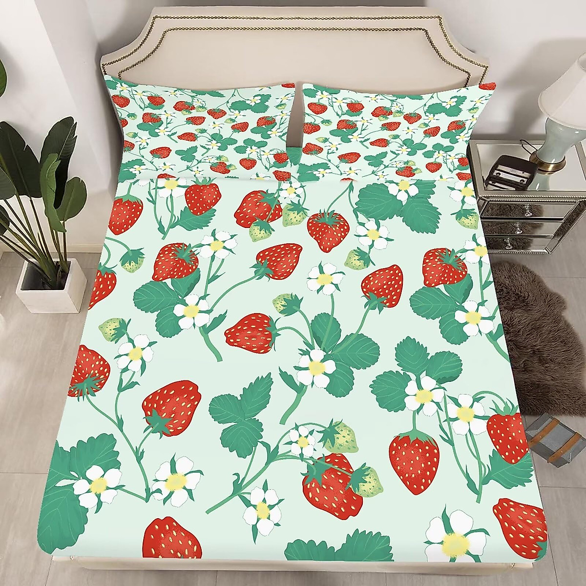 Girls Strawberry Sheets Set Queen Size 4 Pcs Cute Cartoon Fruit Green Kawaii Bedding Set for Kids Teens Bed 1 Fitted Sheet with 1 Flat & 2 Pillowcases