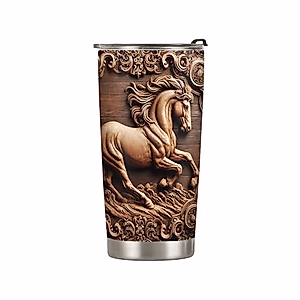 20oz Printed Wooden Horse Tumbler, Equestrian Gifts for Horse Lovers, Country Horses Coffee Thermos for Men, Women, Stainless Steel Double Wall Vacuum Insulated Coffee Mug, Travel Cup with Lid