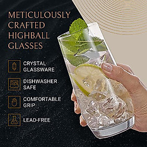 JoyJolt Gwen 18oz Highball Glasses, 4pc Tall Glass Sets. Lead-Free Crystal Glass Drinking Glasses. Water Glasses, Mojito Glass Cups, Tom Collins Bar Glassware, and Mixed Drink Cocktail Glass Set