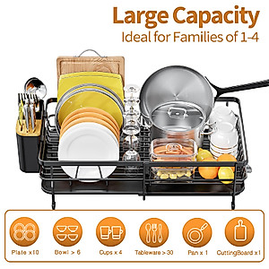 Urackify Expandable Dish Drying Rack for Kitchen Counter, Large Extendable Dish Rack with Bamboo Cover Cutlery Holder, Multifunctional Adjustable Dish Dryer Drainer with 270° Swivel Spout