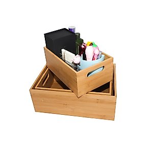Bamboo Storage Box Set - 3 Piece Pack Durable Bin with Handles, Multi-Purpose Organizer, for Closet, Office, Toys, Bedding, Clothes, Baby Essentials, Arts and Crafts