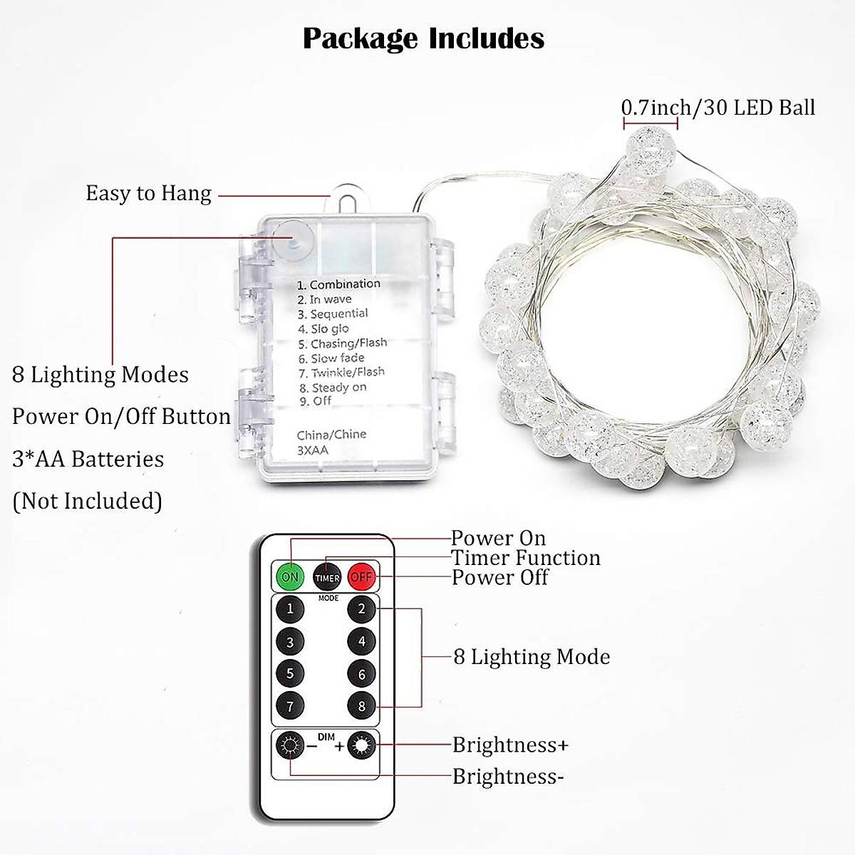 Globe String Lights, Crystal Ball Led String Lights Warm White, 10ft 30 LED Grandhome Fairy Lights Battery Operated Waterproof, 8 Modes with Remote Control, for Indoor Outdoor Bedroom Party Wedding …