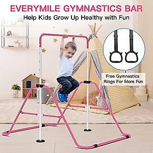 EVERYMILE Gymnastics Bars for Home, Adjustable Height Folding Horizontal Bars, Junior Training Kip Bar Expandable Gym Equipment, Monkey Bar with Gymnastics Rings for Kids Gifts