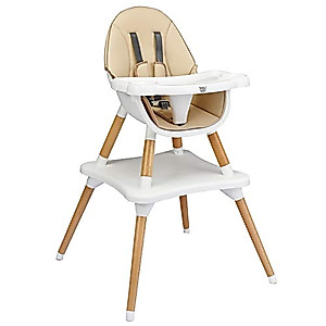 HONEY JOY Baby High Chair, 5-in-1 Convertible Wooden Highchair for Babies and Toddlers/Table and Chair Set/Booster Seat/Toddler Chair with Safety Harness, 4-Position Removable Feeding Tray (Khaki)