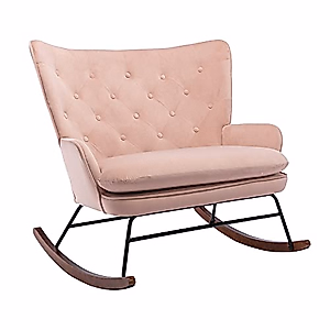 HomVent Velvet Nursery Rocking Chair Modern Upholstered Double Rocker Armchair with Tufted High Backrest Relax Rocking Loveseat Chair Accent Glider Rocker for Living Room, Bedroom, Baby Room, Pink