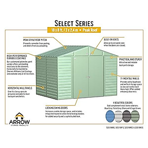 Arrow Select 10' x 8' Outdoor Lockable Steel Storage Shed Building, Sage Green
