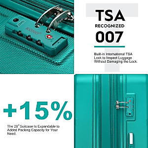Kono 4 Piece Luggage Sets Expandable(only 28") Lightweight with Spinner Wheels TSA Lock Hardside Travel Rolling Suitcases 20in 24in 28in Carry on and 12in Mini Cosmetic Case Turquoise