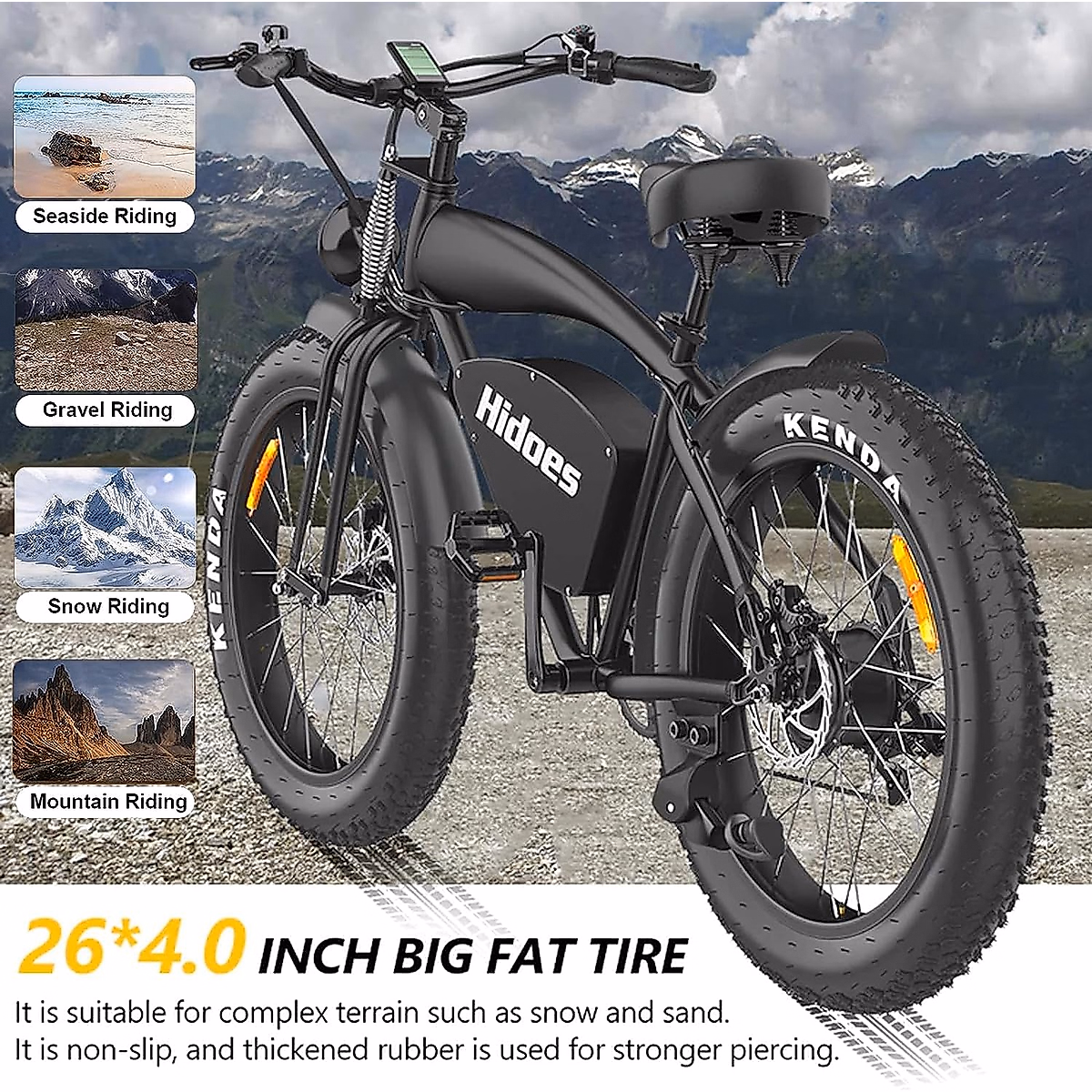 Hidoes 1600W(Peak) 26” Fat Tire Electric Bike 18.2Ah 48V 37MPH 35Miles 7-Speed Gears Electric Snow Beach Mountain Ebikes Electric Bicycle Electric Dirt Bike for Teens Adult