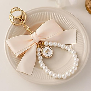 SMUOBT 2Pcs Cute Bow Keychain Wristlet for Women,Pearl Key Chains for Car Keys Pink White Bow Keychain Accessories Bag Chrams