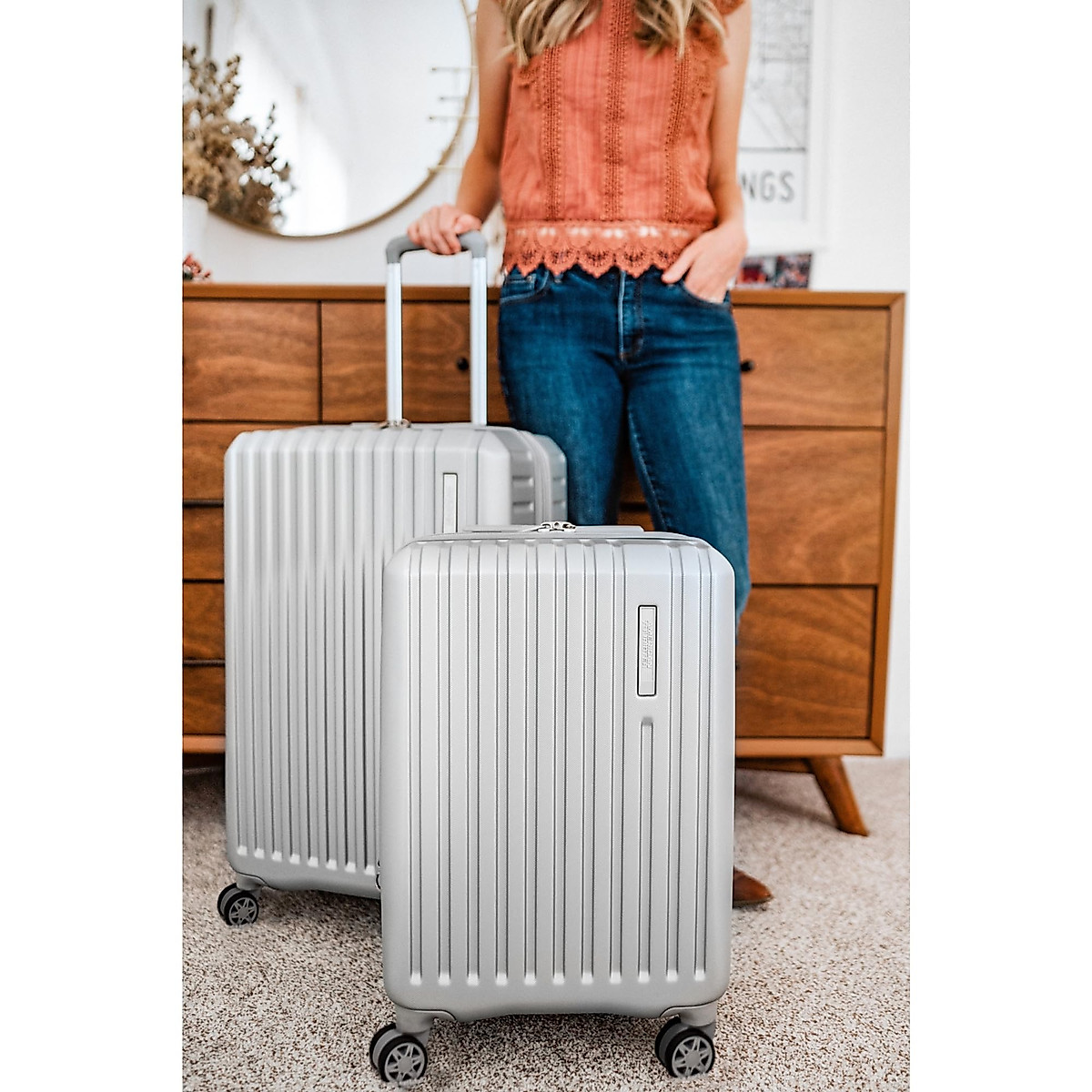 American Tourister Color Spin 2 Piece Carry-On Luggage Suitcases with Wheels, Adjustable Handle, and Elastic Cross Straps, Silver
