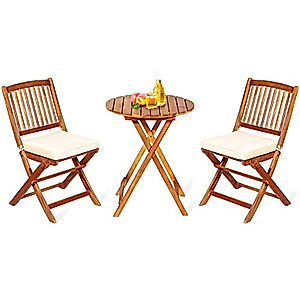 Giantex 3Pcs Patio Bistro Set, Wood Folding Table Set, 2 Cushioned Chairs for Garden Yard, Outdoor Furniture Round Table (Natural & Beige)