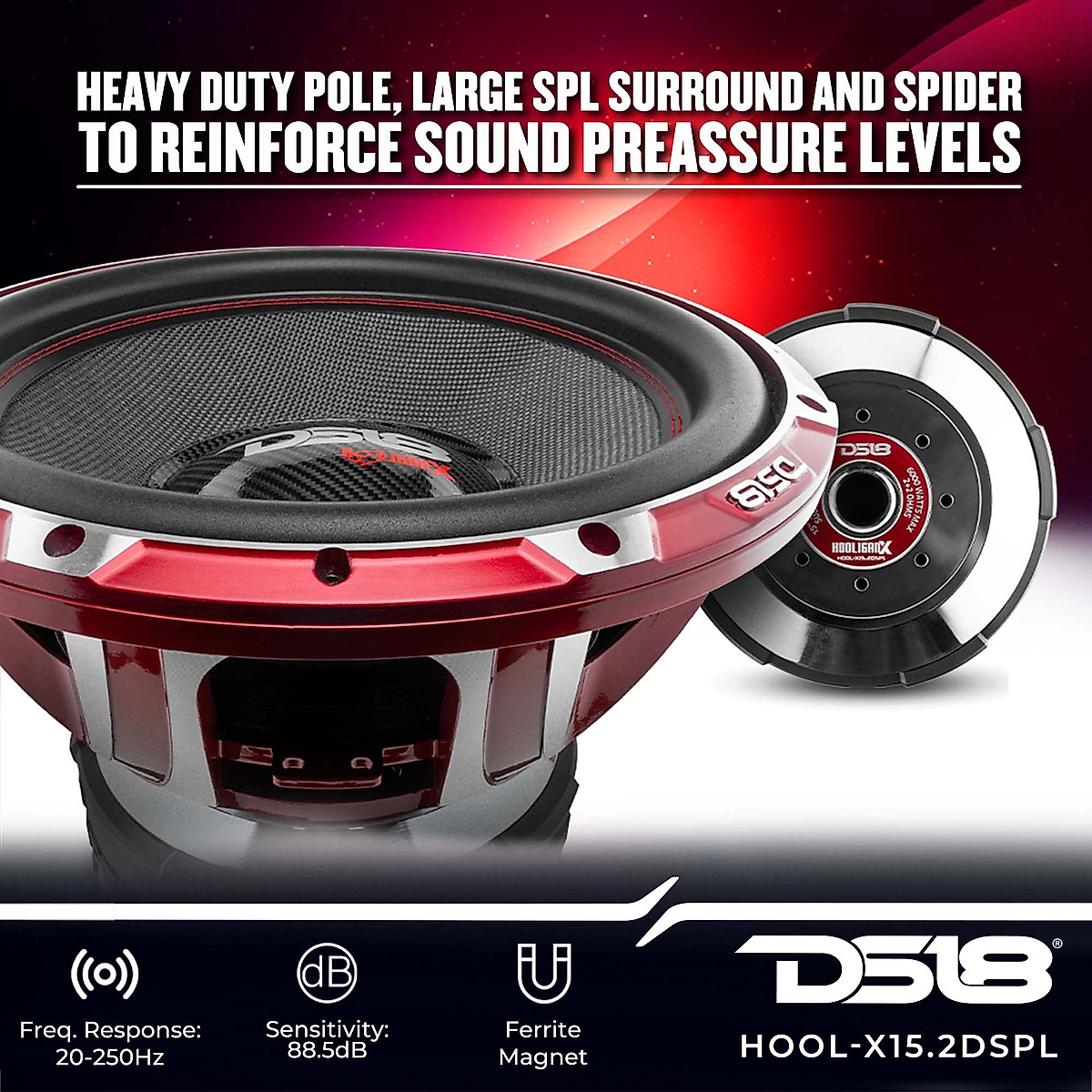 DS18 HOOL-X15.2DSPL Hooligan X 15 Inch SPL Car Audio Subwoofer 4000 Watts Rms 4" Dual Voice Coil 2-Ohm DVC 2+2 Ohm (1 Speaker)