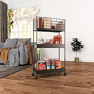 FANSPRO Slim Storage Cart, 3 Tier Metal Utility Cart with Wheels, Mobile Rolling Kitchen Cart Slide Out Narrow Storage Cart for Laundry Room Bathroom Small Spaces, Black