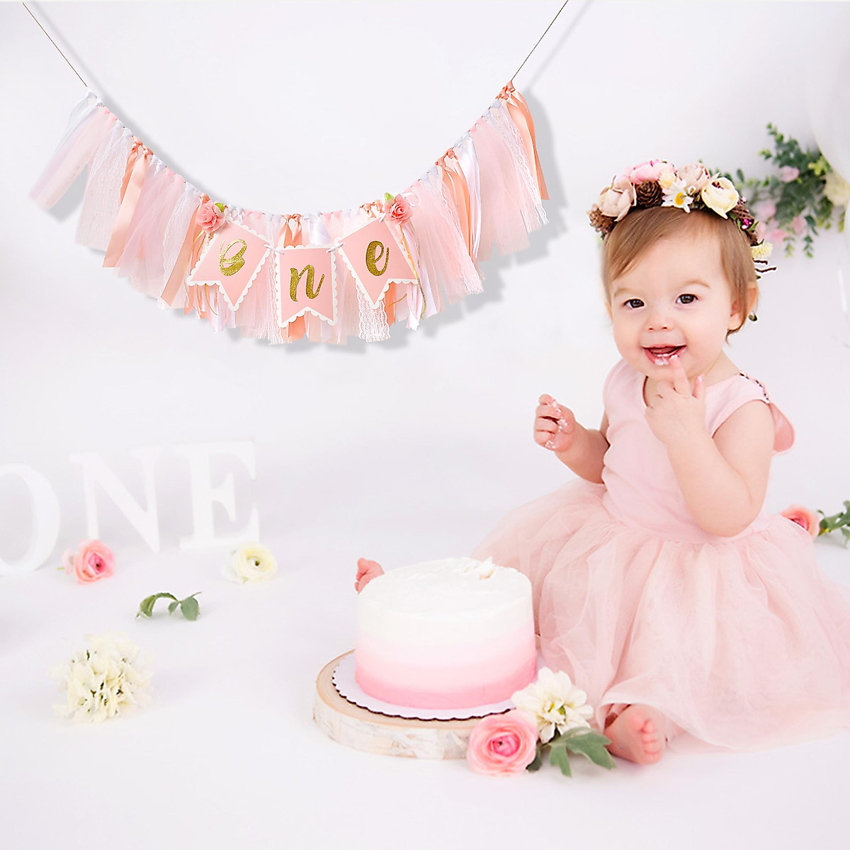 Rpvod Pink Floral 1st Birthday High Chair Banner - Lightweight, Hand Wash Only, 10 x 80 inches, Best Birthday Gift for Girls/Women/Babies