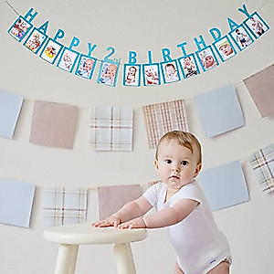 Labakita Happy 2nd Birthday Photo Banner - Baby 2nd Birthday Photo Frame Photo Banner - Baby Boy or Girl's 2nd Birthday Party Decorations Supplies - Two Years Old Birthday Sign (Blue)