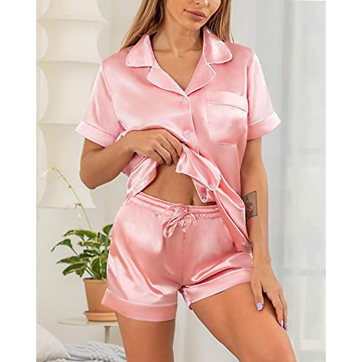 YIMANIE Womens Silk Satin Pajama Sets Two-piece Short Sleeve Shirt and Shorts Button Down Pj Set Loungewear Pink