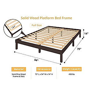 Naomi Home Lucia 14 Inch Solid Wood Platform Bed Full Bed Frame, Pine Wood Full Platform Bed Frame, No Squeak Bed Frame, Bed Frame Full Size, No Box Spring Needed, Sturdy Bed Frame - Espresso