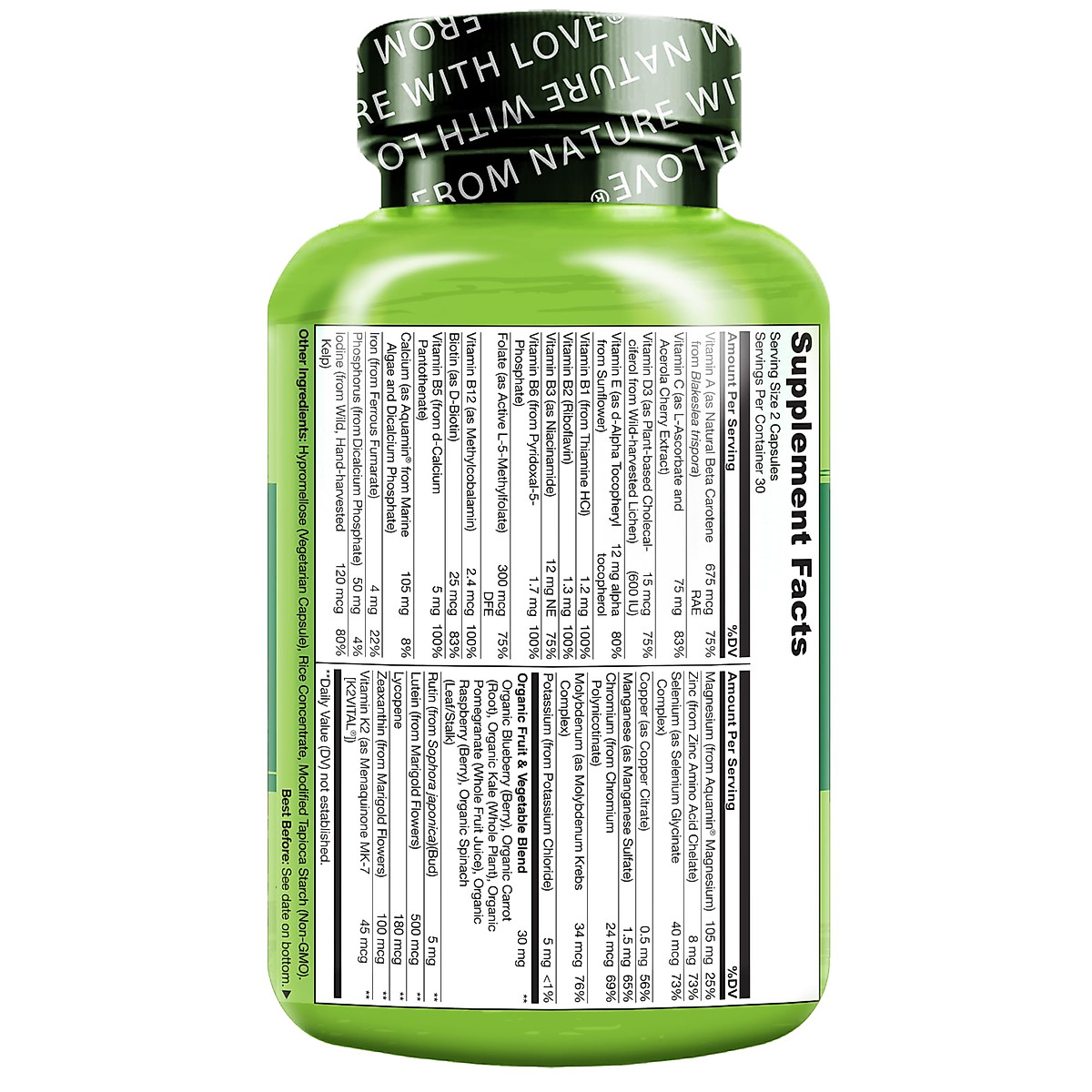 NATURELO Whole Food Multivitamin for Teens - Vitamins and Minerals for Teenage Boys and Girls - Supplement for Active Kids - with Organic Whole Foods - Non-GMO - Vegan & Vegetarian - 60 Capsules