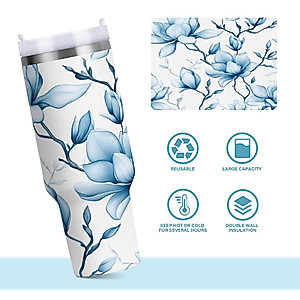 xigua 40 oz Blue Magnolia Flowers Tumbler with Handle and Straw Lid, Stainless Steel Vacuum Insulated Sports Water Bottle, Keeps Cold or Hot Coffee Cup Travel Mug