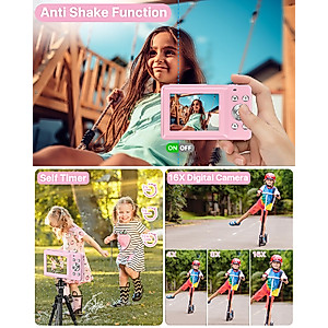 Digital Camera, FHD 1080P Kids Camera 44MP Compact Digital Camera with 32GB Card, 1 Batteries 16X Digital Zoom Point and Shoot Digital Cameras Gift for Kids Boys Girls Teens (Pink)