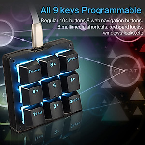 Koolertron Mechanical Numpad Macro Keyboard, 9-Key Numeric Keypad LED Backlit Gaming Keyboard, Fully Programmable Number Pad Keyboard, Computer High Ground Mechanical Macro Number Keypad