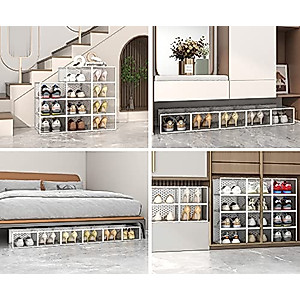 Pinkpum Large Shoe Storage Boxes 12 Pack, Clear Plastic Stackable Shoe Organizer for Closet, Sneaker Storage Shoe Containers Bins Stackable with Lids, Fit up to Women's Size 12 (Large)