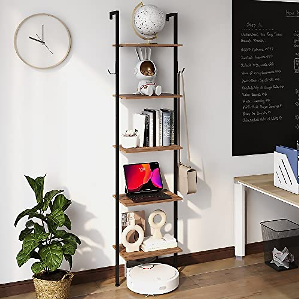 Tohomeor Industrial Bookshelf Wall Mounted 5-Tiers Ladder Shelf Wooden and Metal Narrow Thin Bookshelf Open Display Storage Rack for Living Room Bedroom Home Office (Rustic Brown, Small)