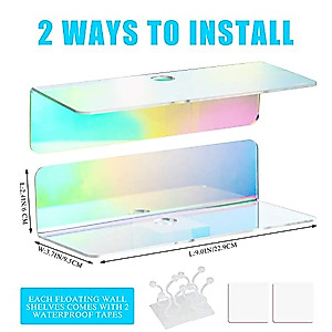 Weysat Floating Wall Shelves 9 Inch Acrylic Small Wall Shelf Hanging Shelves Adhesive Shelf Screwless Display Shelf with Cable Clips and Stickers for Bathroom, Bedroom, Office (Iridescent, 4 Pcs)