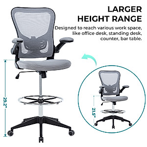 Hramk Ergonomic Office Drafting Desk Chair with Flip up Arms, Mesh Back Tall Office Chair with Adjustable Lumbar Support and Foot Ring (Nylon Wheelbase, Grey)