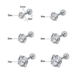 6 Pairs Shiny Round Cubic Zirconia Surgical Steel Stud Earrings Tragus Helix Conch Piercing Cartilage Sets