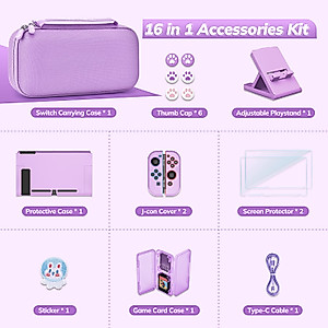 Younik Switch Carrying Case, 16 in 1 Switch Case Accessories Purple for Switch Original Model Includes Switch Travel Case Girls, Protective Case Cover, Screen Protector, Switch Game Case and More