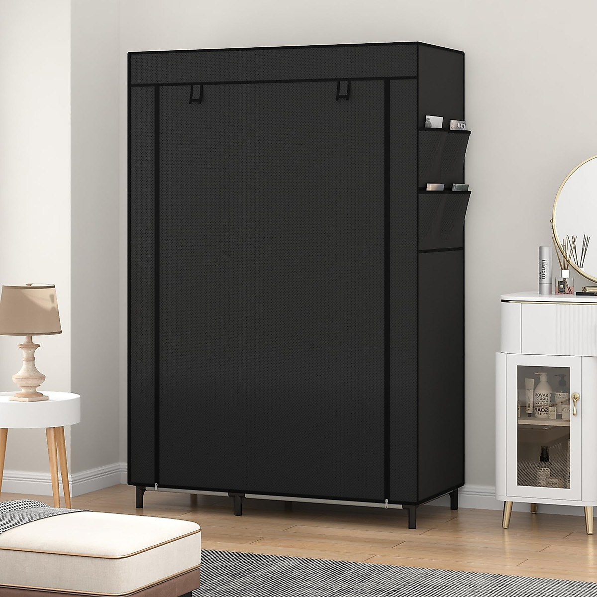 Calmootey Portable Closet Organizers, Clothing Storage, Wardrobe with 6 Shelves and Hanging Rod, Non-Woven Fabric Cover with 4 Side Pockets, Black