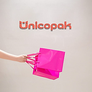 UnicoPak Hot Pink Gift Bags Medium Size 8x4x10 20Pcs, Glossy Finish Waterproof Paper Gift Bags with Handles, Party Bags Pink Gift Bags for Birthday, Party, Wedding, Bridal Shower, Shopping