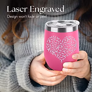 shop4ever Breast Cancer Awareness Pink Ribbon Heart Engraved Insulated Stainless Steel Wine Tumbler with Lid 12 oz. Gift for Her (Pink)