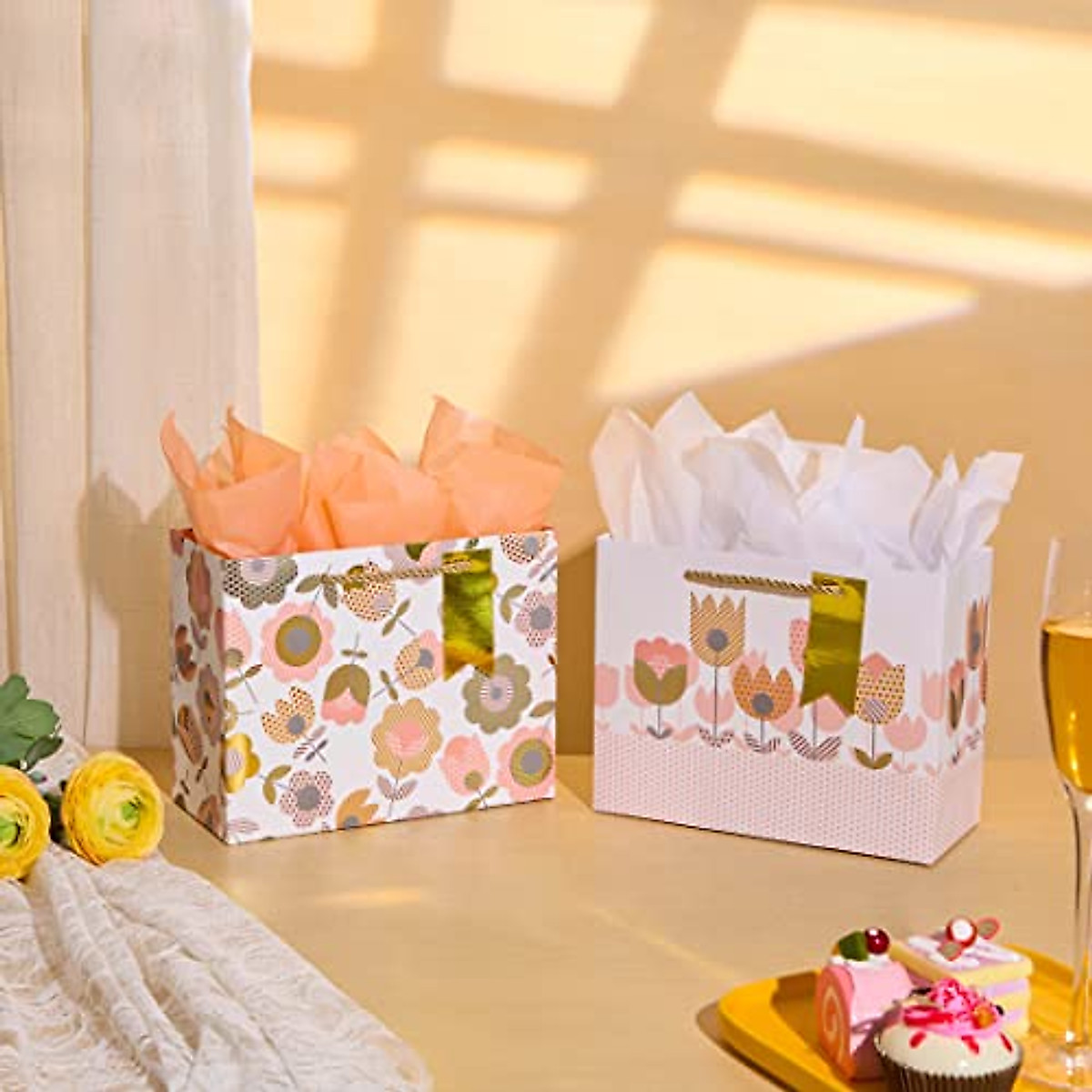 SUNCOLOR 2-Pack 9" Small Gift Bags with Tissue Paper For Her(Tulip Flower)