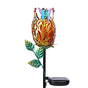 Solar Garden Lights Outdoor Decorative - Flower Solar Garden Stake Lights with Butterfly Landscape Path Lights Waterproof Solar Pathway Lights for Garden, Lawn, Patio, Yard Decorative（Yellow）