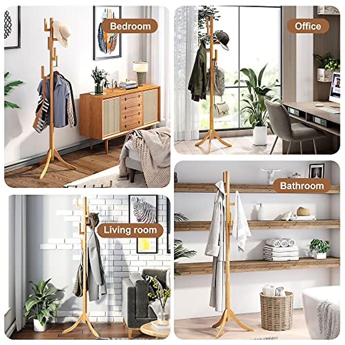 FILWH Coat Rack Freestanding Bamboo Coat Tree with 6 Hooks Adjustable Sizes Free Standing Coat Rack Super Easy Assembly Coat Hanger Stand(Natural)