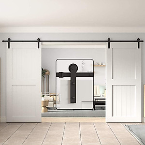 WINSOON Sliding Barn Door Hardware Double Door 12ft Track Kit with Black Sliding Barn Door Floor Guide Wall Mounted Hardware for Flush Bottom Adjustable Stay Rollers, Set of 2,8 Setup Options