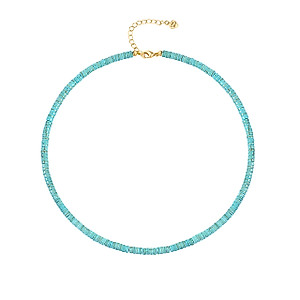 CANEVINKA Turquoise Gemstone Beaded Chain Necklace Boho Vintage Handmade Blue Turquoise Choker Necklace for Women Adjustable 18K Gold Plated 15”