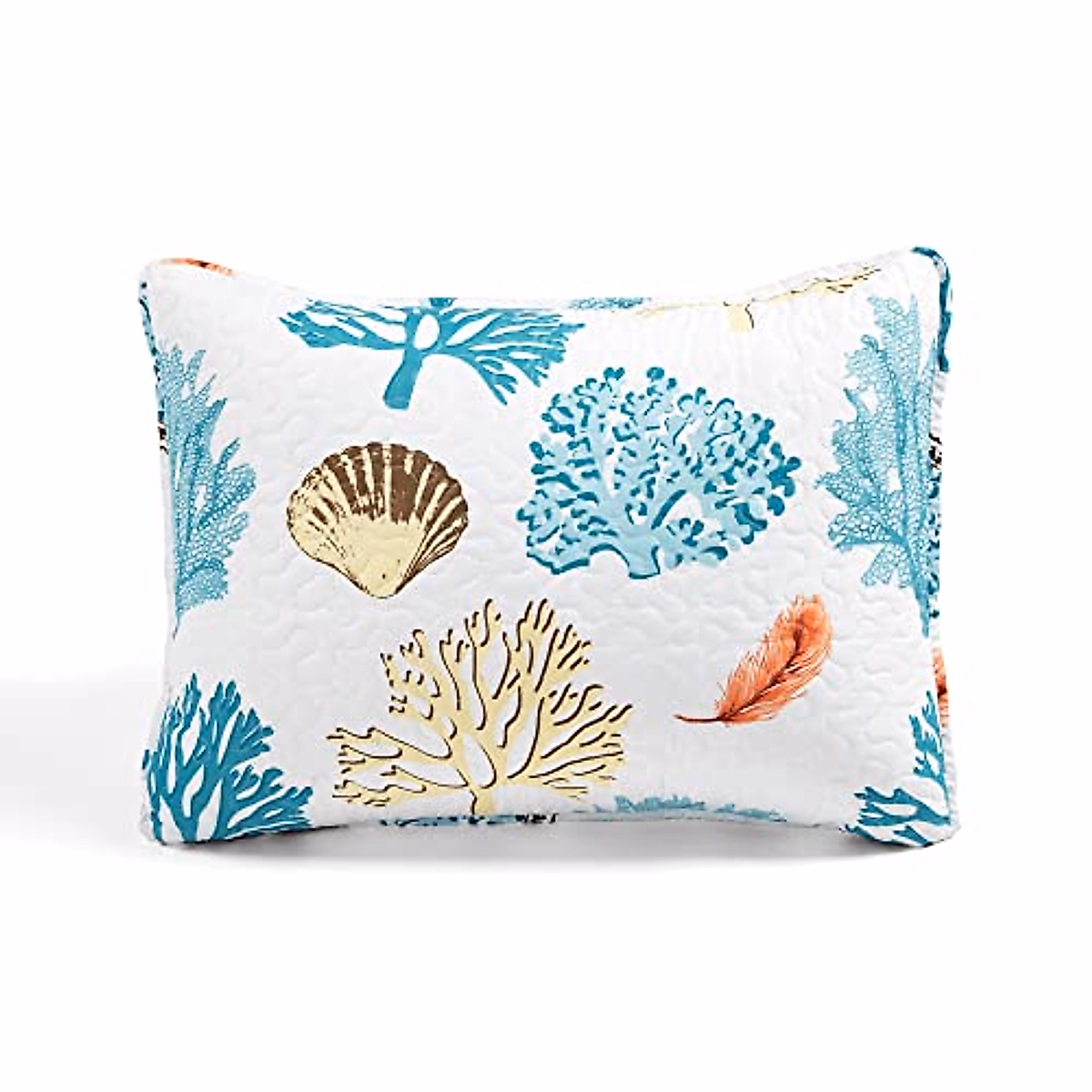 Lush Decor Coastal Reef Feather Reversible Quilt Set, 5 Piece Set, Twin/ Twin XL, Blue & Coral - Beach Bedding Set - Coastal Twinxl Quilt Sets - Tropical Beach House Decor For Kids Or Teen's Dorm Room