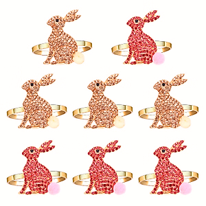 8PCS Easter Napkin Rings, Rhinestone Easter Bunny Napkin Holder Rings for Table Decor Cute Rabbit Carrot Napkin Ring for Spring Party Banquet (8PCS Rhinestone Rabbit)