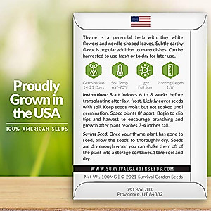 Survival Garden Seeds - Thyme Seed for Planting - Packet with Instructions to Plant and Grow Thymus Vulgaris Herb Plants in Your Home Vegetable Garden - Non-GMO Heirloom Variety