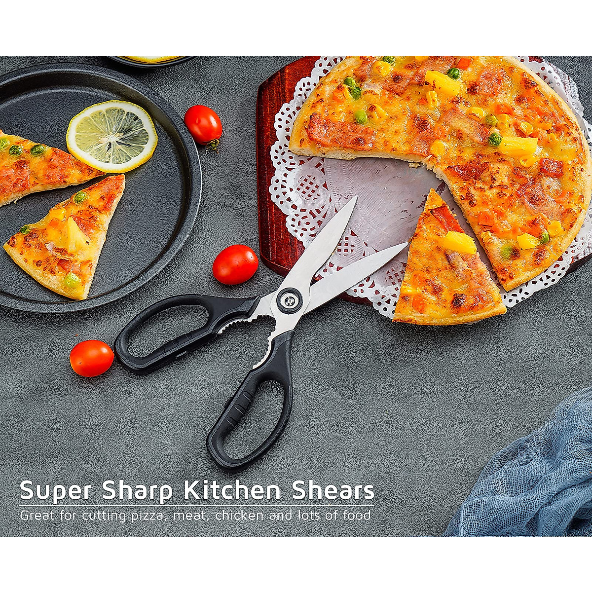 Multifunction Kitchen Scissors 2-Piece Set WELLSTAR, Heavy Duty Food Shears for Chicken Meat Vegetable Fish Herb Poultry Stainless Steel Cooking Scissors with Comfortable Handle Scissors Set (Black)