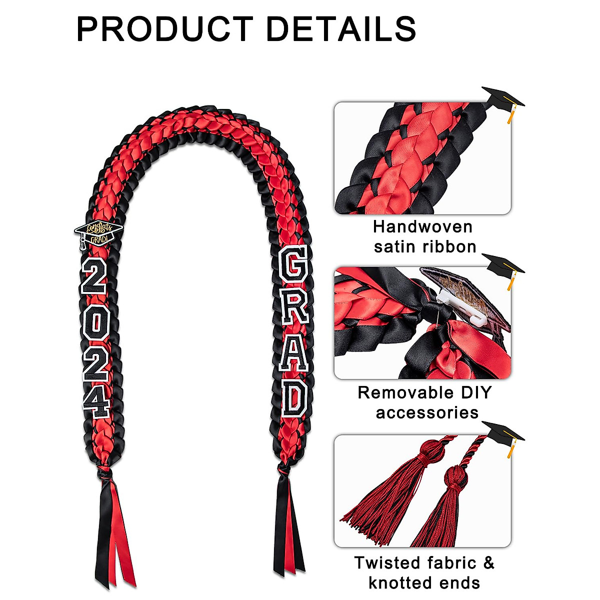 ALKB 11 Pcs Graduation Ribbon Leis, Black Red Graduation Braided Necklace with Honor Cord Class of 2024 Graduation Gift for High School College Graduation Party Supplies