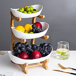 Lacusmall 3 Tier Fruit Basket for Kitchen Ceramic Fruit Bowl With Bamboo Wood Stand for Kitchen Counter, Detachable Serving Tray, Fruit Bowl Set for Kitchen Party