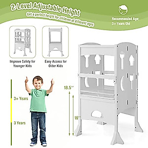HONEY JOY White Kitchen Step Stool for Toddlers, Children Wooden Kitchen Tower Helper w/Safety Rail, Extra Kitchen Toys, Montessori Foldable Kids Learning Standing Tower for Kitchen Counter(White)